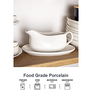 Nucookery Large 17 Oz Gravy Boat and Tray | Ergonomic Handle | White Fine Porcelain Saucier With Big Dripless Lip Spout For Gravy, Warming Sauces, Salad Dressings, Milk | Microwave & Freezer Safe