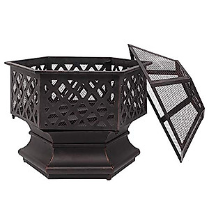 Lovinland 22" Hexagonal Shaped Iron Brazier Wood Burning Fire Pit Decoration for Backyard Poolside