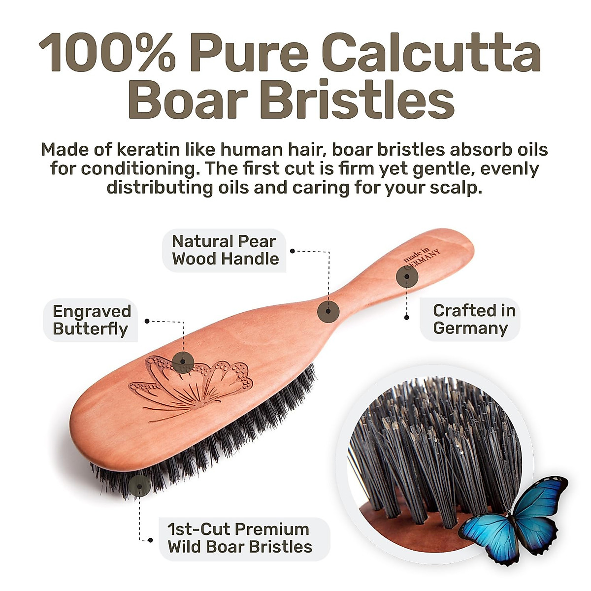 100% Pure Calcutta Boar Bristle Hairbrush for Natural Healthy Hair, Stiff Bristle, Made in Germany's Black Forest