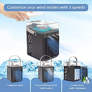 Portable Air Cooler Fan, Evaporative Air Cooler Rechargeable, Personal Air Conditioner with 6 Reusable Ice Boxes, Quiet Desk Fan with Air Humidifier and LED Night Light for Bedroom Camping Trip black-01