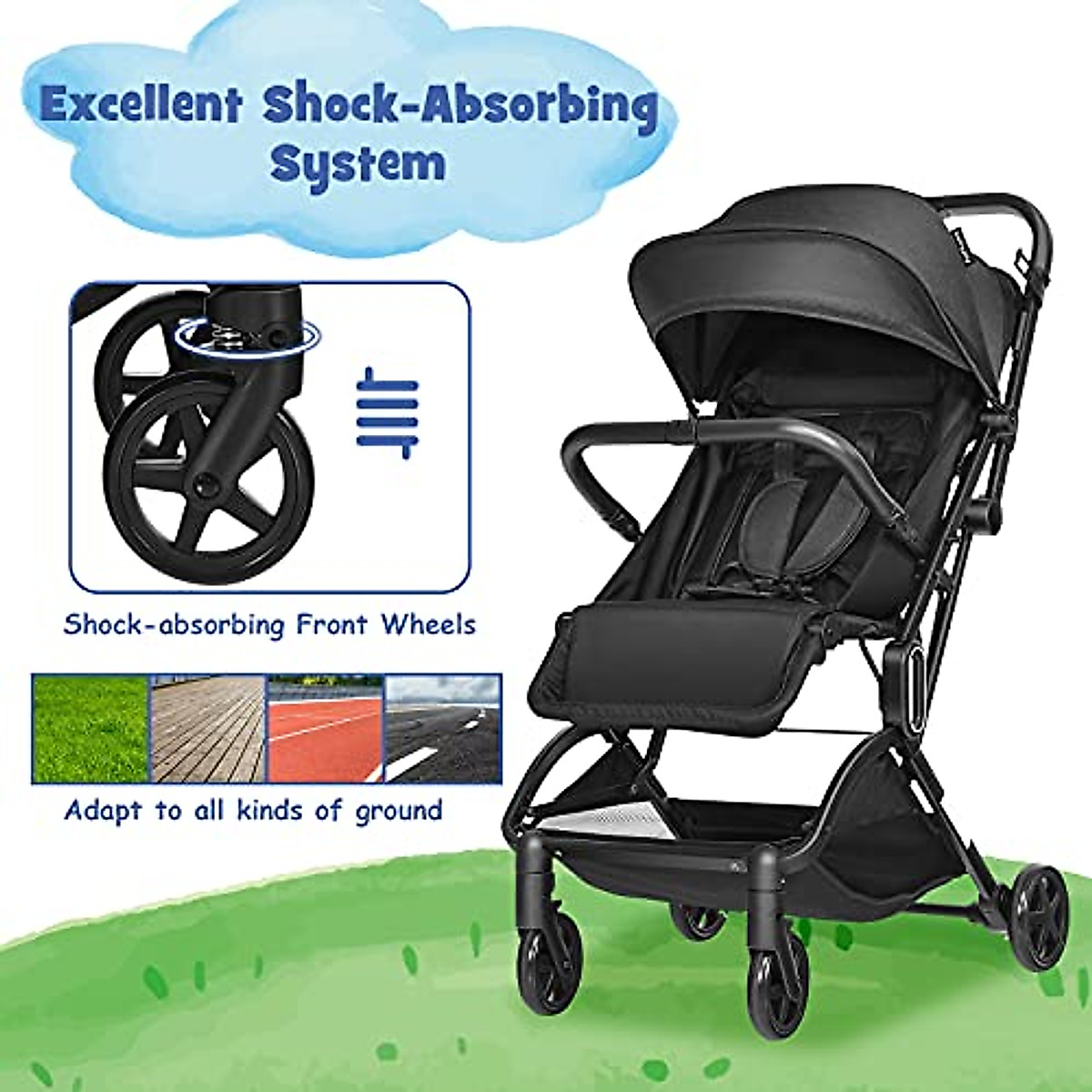 BABY JOY Lightweight Baby Stroller, Infant Stroller w/Easy One-Hand Fold, Adjustable Backrest/Footrest/Canopy, 5-Point Harness & Storage Basket, Compact Toddler Travel Stroller for Airplane (Black)