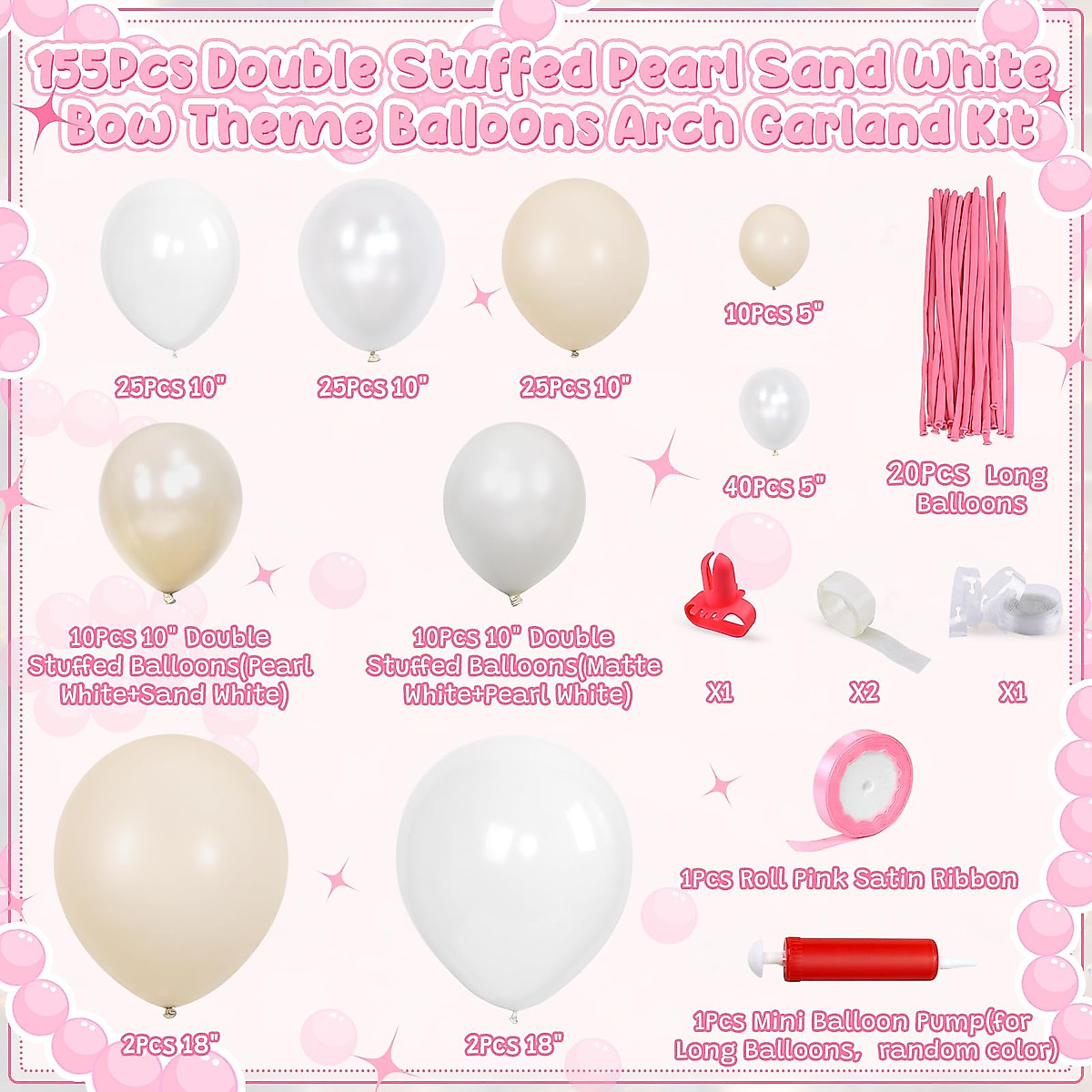 Pink Bow Balloon Arch Kit, 155Pcs Coquette Bows Pearls Balloon Garland Arch, Double Stuffed Pearl Sand White Balloons with Satin Ribbon for Coquette Birthday Decortions, Bridal Shower, Bow Party Decor