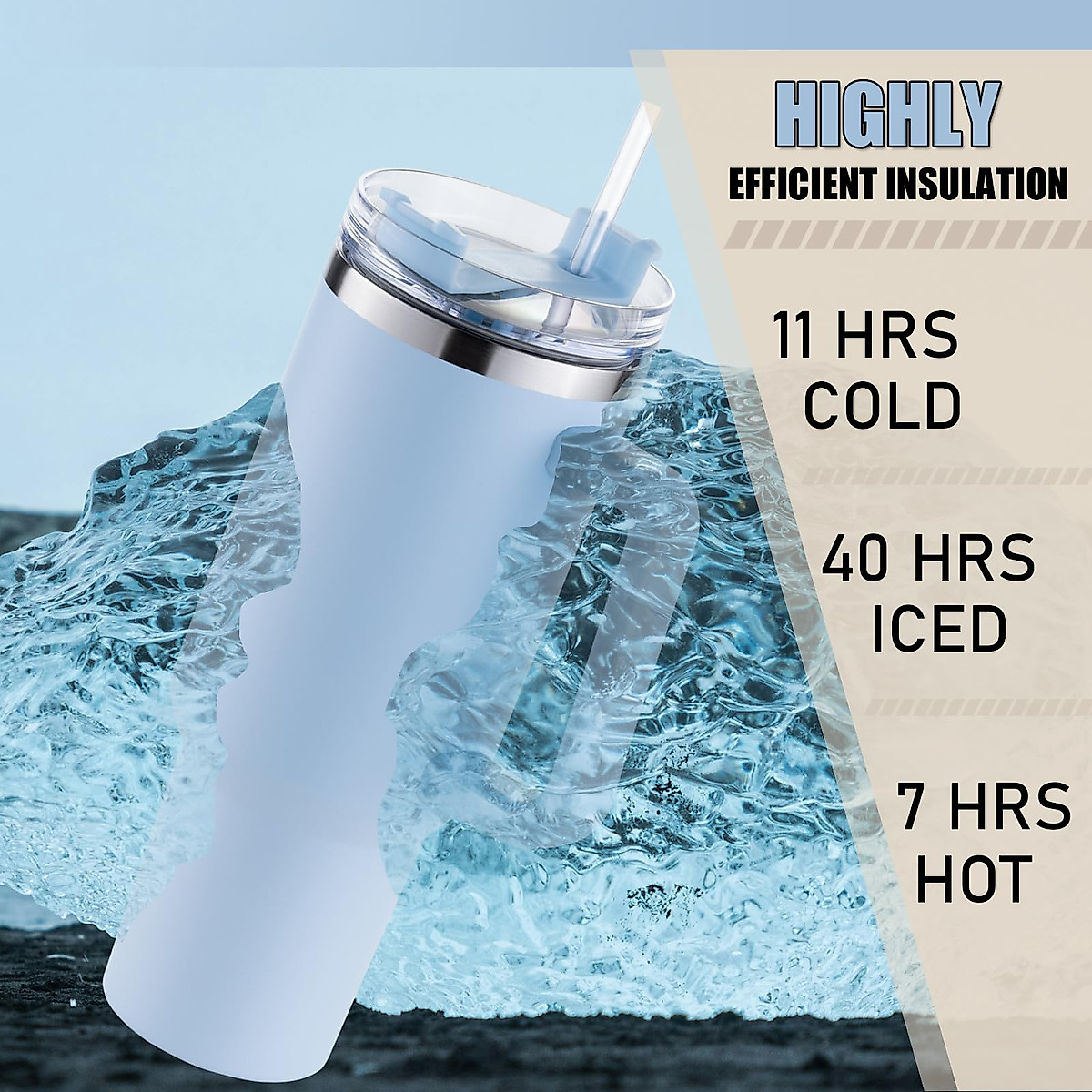 Xereizo 40 oz Tumbler with Handle and Straw, Leak Proof Stainless Steel Insulated Travel Coffee Tumbler Cups Lid and Straw, Iced for 40 Hours Cupholder Friendly Water Bottle Mug, Glacier, Light Blue