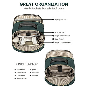 LOVEVOOK Laptop Backpack for Women, Large Capacity Travel Computer Work Bag with 17-inch Laptop Compartment, Business Nurse Backpack Purse, Hiking Outdoor Carry On Backpack, Deepgreen