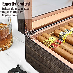 Flauno Desktop Cigar Humidor, Cedar Wood Humidor Cigar Box with Digital Hygrometer, Humidifier, Tray and Dividers, Holds 25-50 Cigars, Walnut Finish