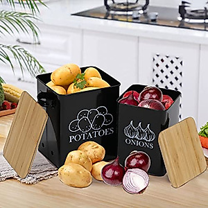 Xbopetda Potato Onion Storage Bin, Kitchen Storage Canister Set of 2, Kitchen Pantry Organizer Tin - Vegetable Fresh Keeper with Aerating Tin Storage Holes & Wooden Lid (Black)