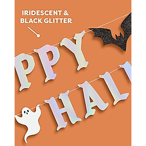 xo, Fetti Happy Halloween Iridescent Foil Banner - 5 Ft. | Spooky Season Decoration, Haunted House Party Sign, Ghost Decor, Bat Backdrop