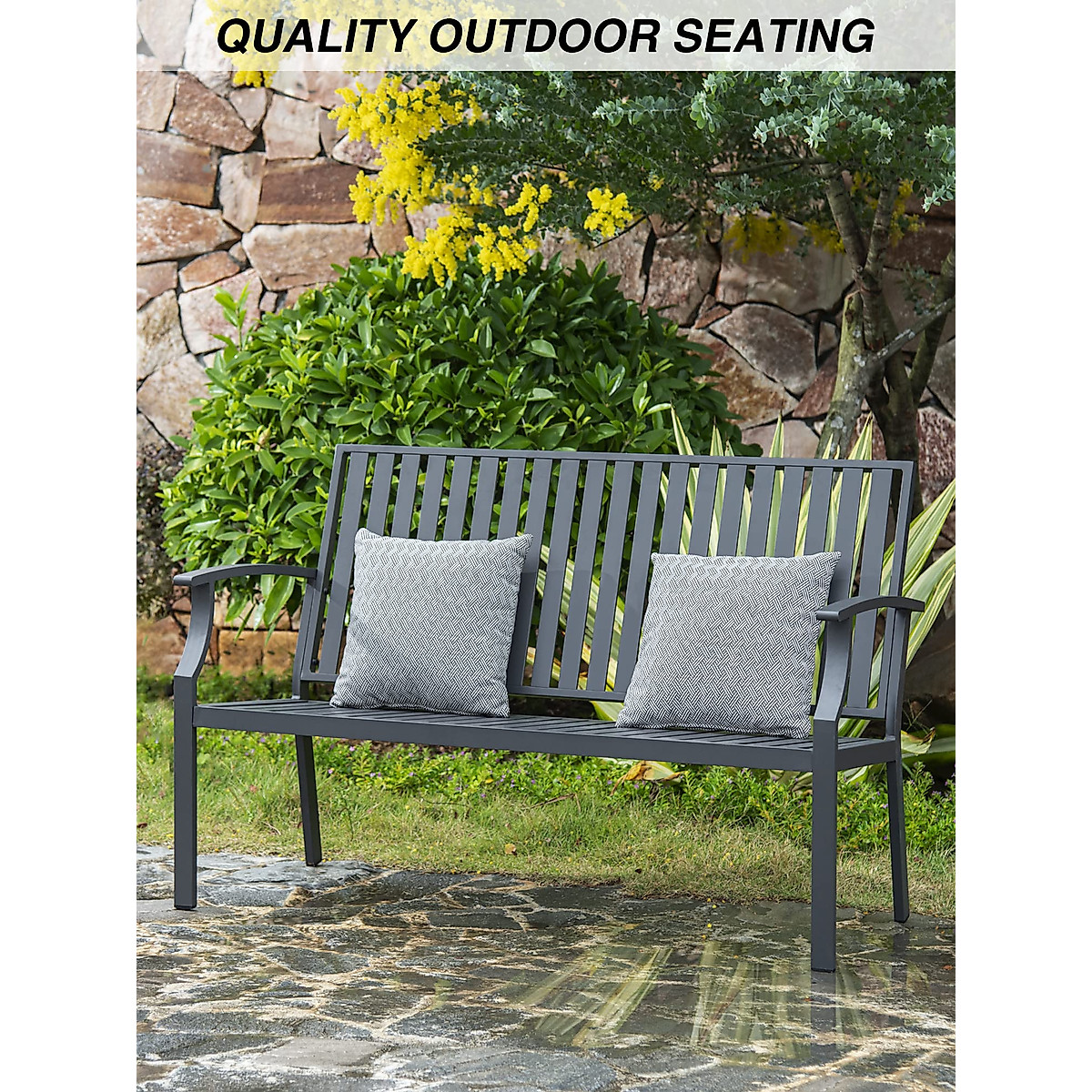 Mutaomay Outdoor Bench, 52" Aluminum Frame 3-Person Patio Garden Bench with Anti-Rust, Porch Bench Furniture Memorial Benches for Outdoors Park, Lawn, Deck Weathered 660LBS Weight Capacity