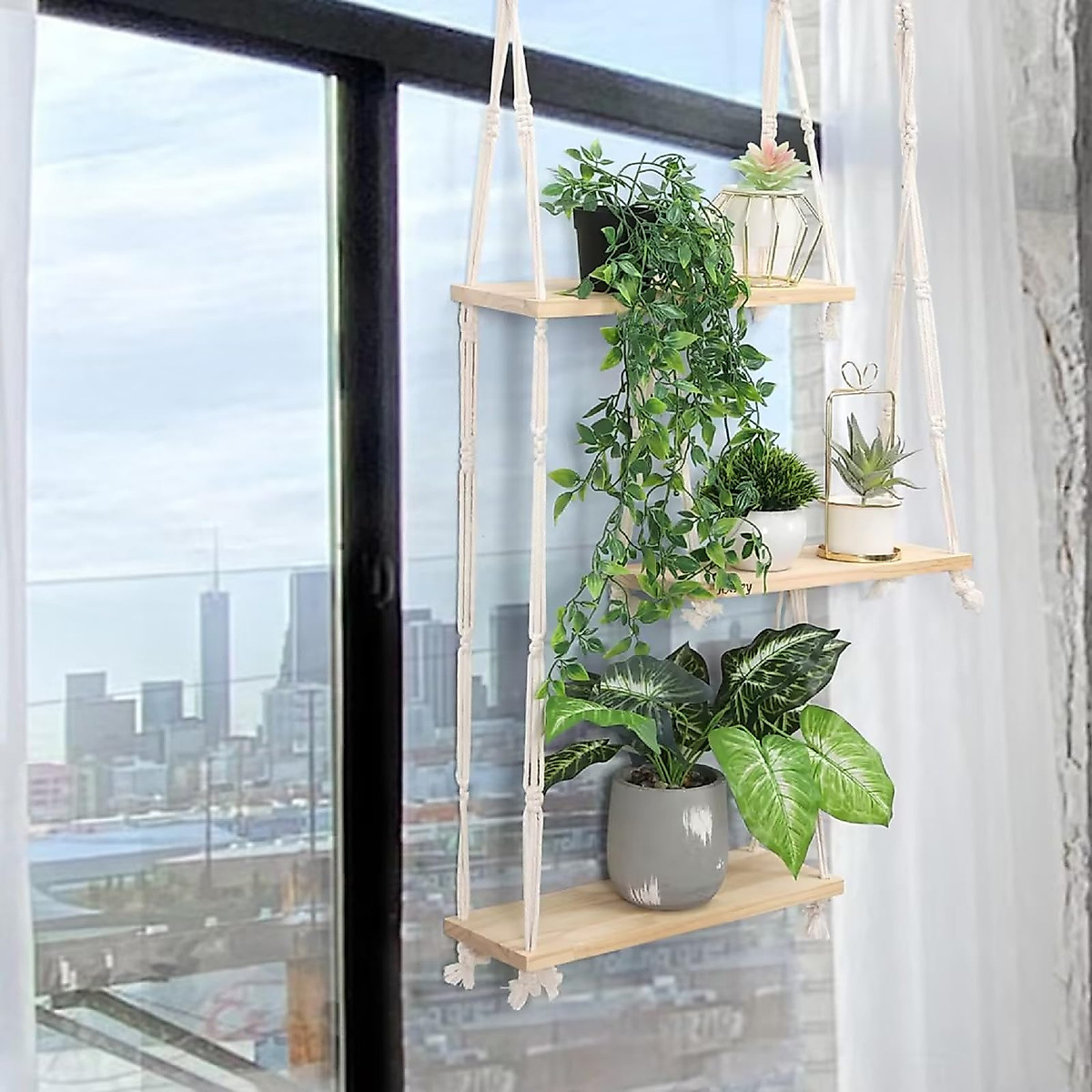 Ziluce 3-Tier Macrame Wall Hanging Shelf, Large Boho Wall Shelf, Boho Book Shelf, for Boho Wall Decor in Living Room, Bedroom, Bathroom