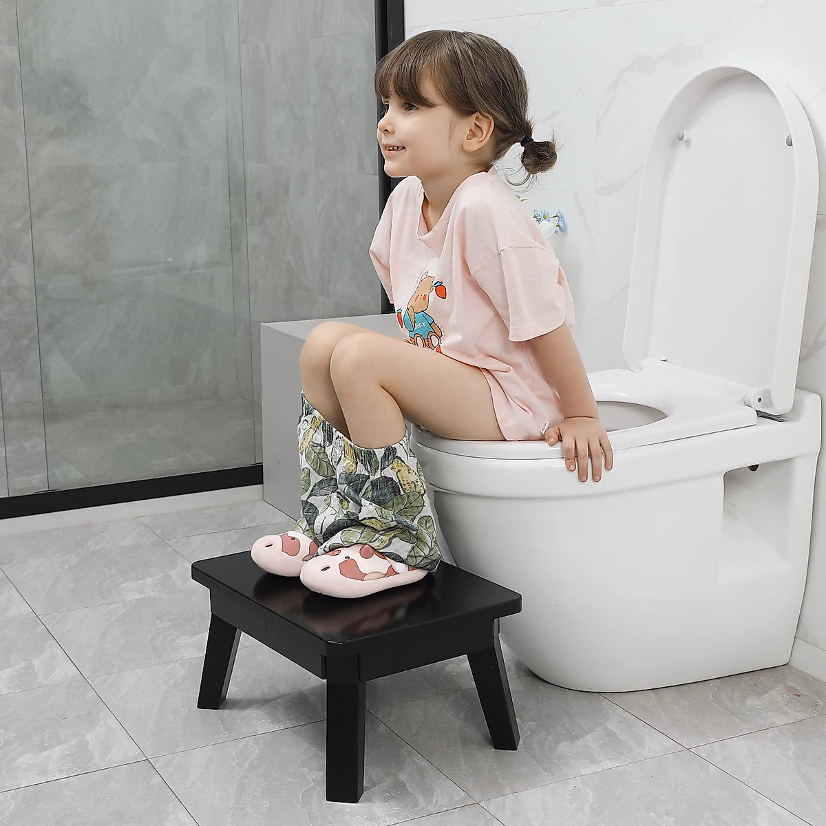 HOUCHICS Wooden Step Stool,One Step Stool for Adult Kids,Wood Bedside Step Stool for Kitchen,Bathroom,Bedroom(Black)