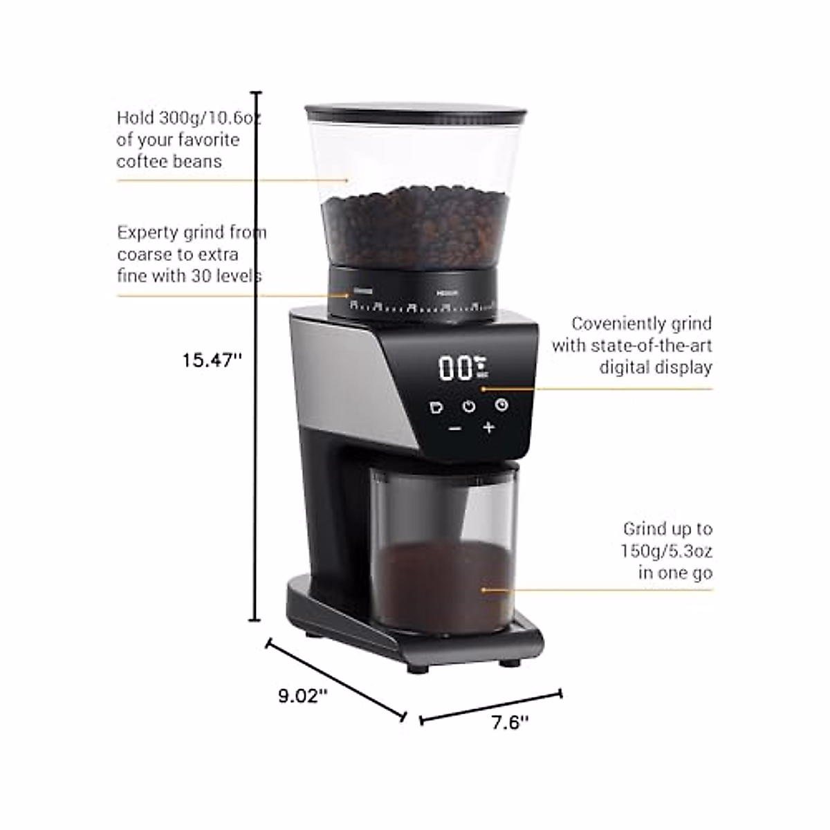 Ollygrin Electric Conical Burr Coffee Grinder, Coffee Bean Grinder Stainless Steel with Digital Timer Display, Coffee Bean Burr Mill Grinder with 30 Precise Grind Settings 12 Cups SilverV02S