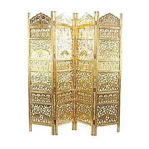 Deco 79 Wooden Scroll Handmade Partition Room Divider Screen Hinged Foldable Partition 4 Panel Privacy Screen with Carved Elephant Accents, Room Partition 80" x 1" x 72", Gold