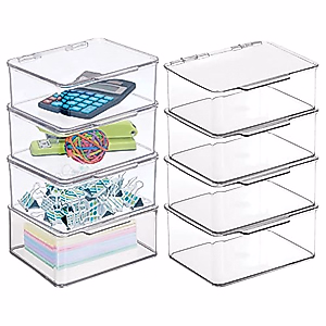 mDesign Small Plastic Home Office Storage Organizer Box Containers w/Hinged Lid for Desktops - Holds Pens, Pencils, Sticky Notes, Highlighters, Staples, Supplies - Lumiere Collection, 8 Pack - Clear