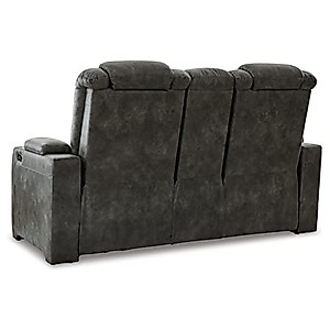 Signature Design by Ashley Soundcheck Contemporary Faux Leather Tufted Power Reclining Loveseat with Control and Adjustable Headrest, Gray