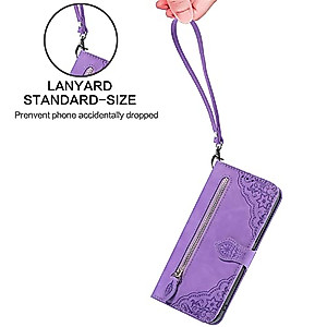 ONV Wallet Case for Oppo Realme V30 - with Zipper Wrist Strap Emboss Flower Flip Phone Case Card Slot Magnet Leather Shell Flip Stand Cover for Oppo Realme V30[SZY] -Purple
