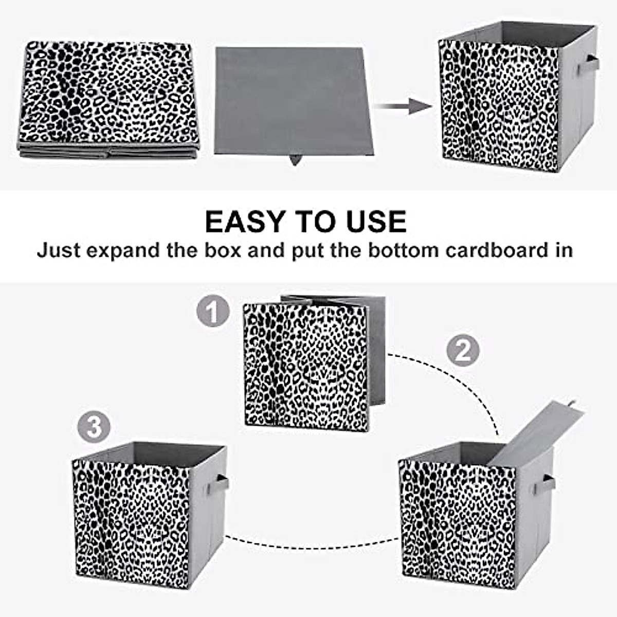 Black and White Leopard Print Collapsible Cubes Storage Bins Closet Organizer Baskets Foldable Organization Boxes with Dual Handles