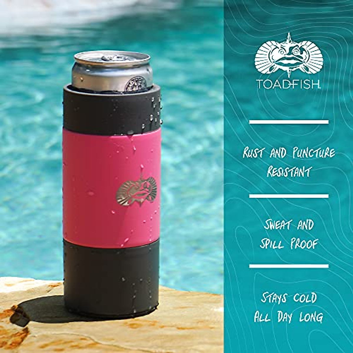Toadfish Slim Non-Tipping Can Cooler for 12oz Cans - Suction Cup Cooler For Beer & Soda - Stainless Steel Double-Wall Vacuum Insulated Cooler - Sturdy Beverage Holder (Pink)