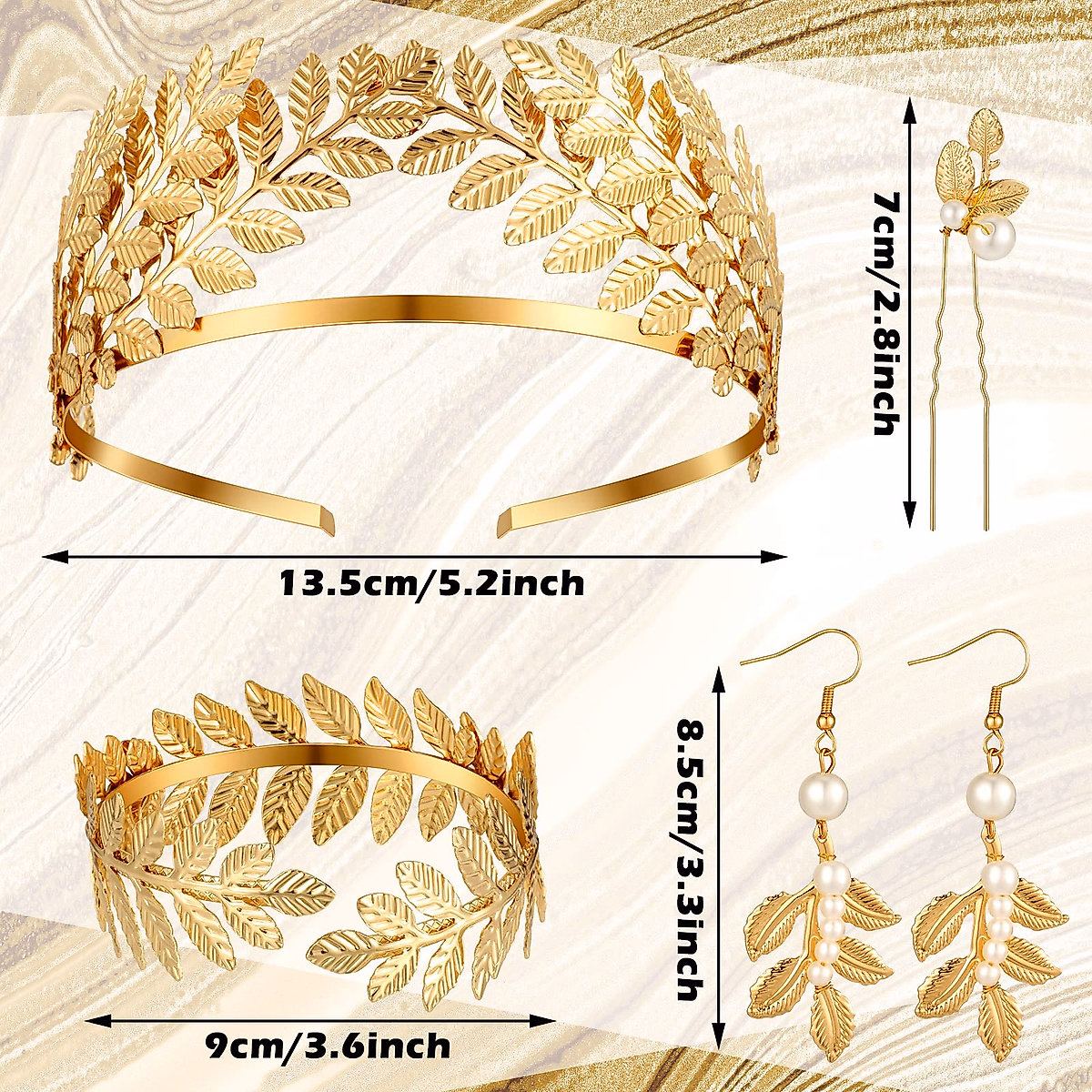 WILLBOND 15 Pieces Greek Goddess Costume Accessories Women Toga Golden Leaves Bridal Crown Headband Bracelet Pearl Earrings and Hair Pins (Fresh Style)