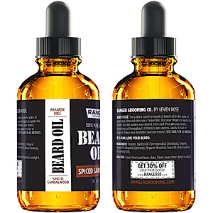 Spiced Sandalwood Beard Oil & Leave In Conditioner by Ranger Grooming Co by Leven Rose, 100% Pure Natural Organic for Groomed Beards, Mustaches, and Moisturized Skin 1 oz