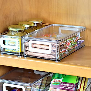 Youngever 2 Pack Stackable Plastic Storage Organizer Container Bins with Lids, Stackable Storage Bins with Handler for Refrigerator, Pantry (10" x 6" x 3")