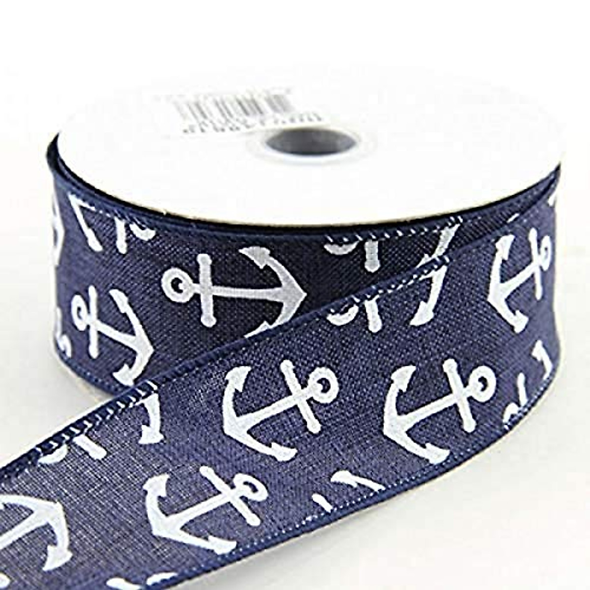 Craig Bachman Imports 1.5"x10yd Wired Basic Anchor Ribbon, Navy Blue/White