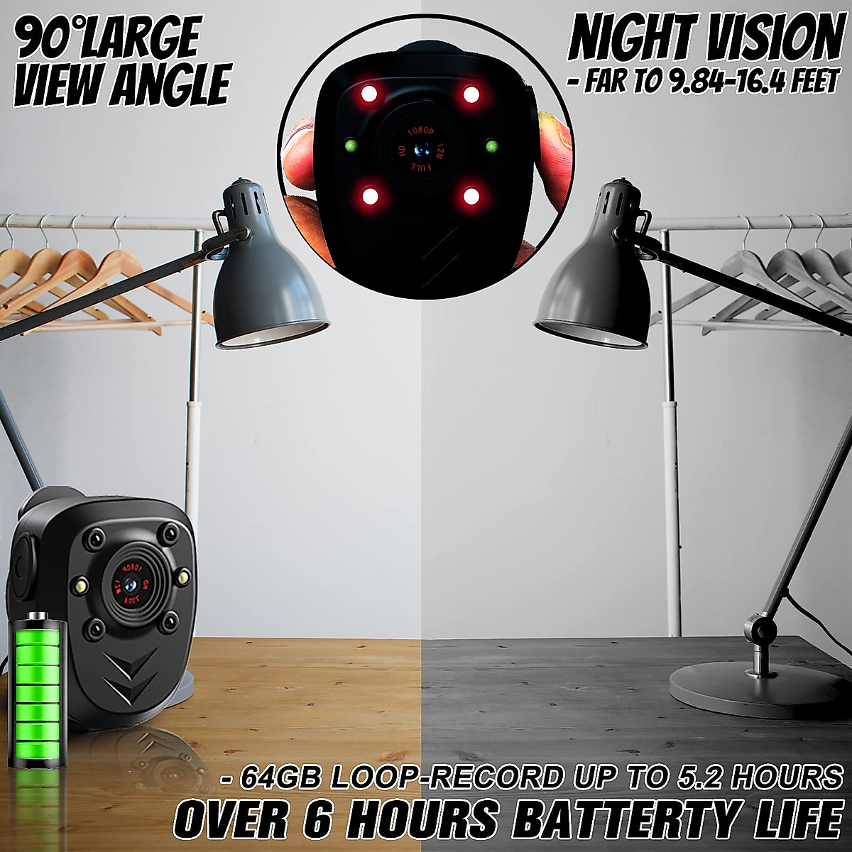 64GB Body Camera Police Civilians Patrol Portable Body Mounted Camcorder 1080P Night Vision 6 Hours Battery Life Recording Wearable Video Recorder for Law Enforcement Indoor Outdoor Security