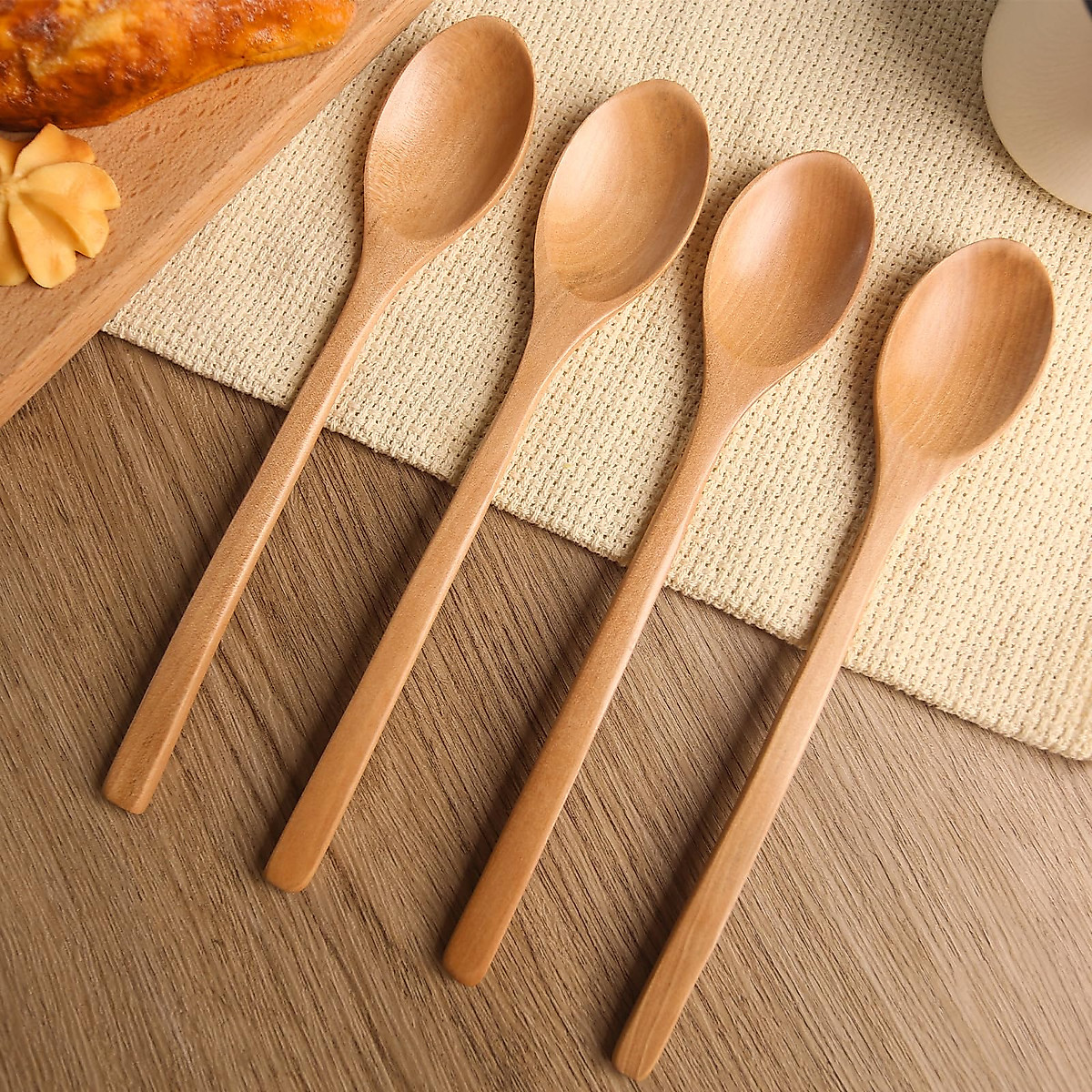 HAKSEN Wooden Spoons, 6PCS 9 Inch Wood Soup Spoons for Eating Mixing Stirring, Long Handle Spoon for Japanese Style Home Kitchen Cooking Stirring