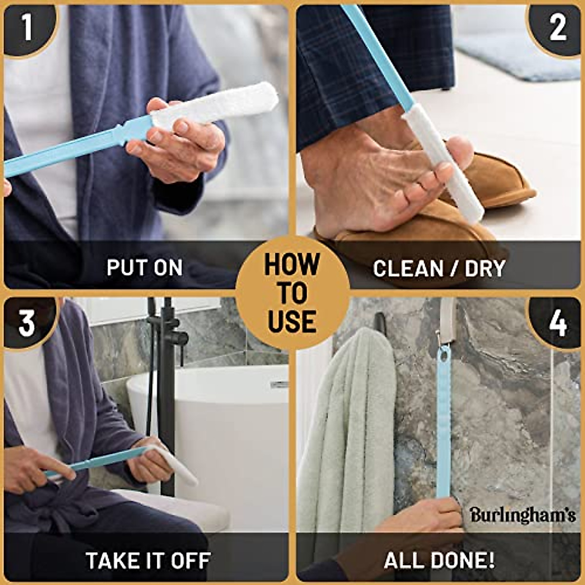 Burlingham's Toe and Foot Towel Brush with Reusable Drying Covers for Cleaning Between Toes, Soft Skin Exfoliation, Long 17” Handle for Seniors, Adults, or Kids, Washable Cloth