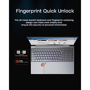 DERE Laptop with Fingerprint Unlock 15.6" Laptop Computer with Full-Size Backlit Keyboard Intel Celeron N5095 Processor 12GB DDR4+256GB SSD, 1920x1080 FHD Windows 10, 5G WiFi, USB 3.0 MBook M11 Silver