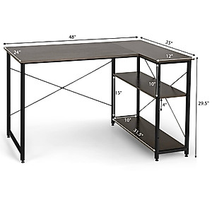Tangkula L-Shaped Computer Desk with Reversible Shelves, 48 Inch Corner Computer Desk, Modern Writing Study Desk Home Office Workstation, Space Saving Design (48 Inch, Brown)