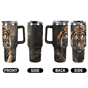 LLUTSNTH 40 Oz Vacuum Tumbler with Black Handle Leakproof Insulated Tumbler Wild Animals Tiger Stainless Steel Travel Mug with Lid And Straw Coffee Cup Cute Water Bottles Cup Holder Friendly