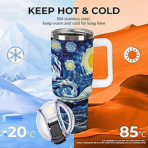 40 Oz Starry Night Insulated Stainless Steel Tumbler with Handle & Straw Lid, Reusable Travel Cupholder Friendly Mug for Coffee, Water, Tea