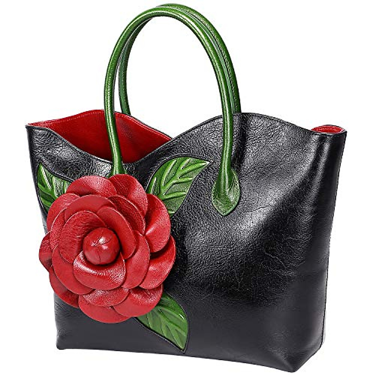 PIJUSHI Designer Genuine Leather Purses and Handbags for Women Satchel Flower Handbag (8825 Black)