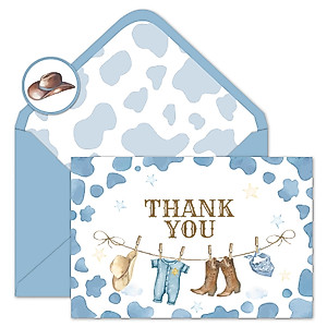 Whaline 24 Pack Cowboy Thank You Card Blue Cow Print Greeting Card with Envelope Sticker Cow Spot Blank Note Card for Baby Shower Party Invitation Supplies, 4 x 6 Inch