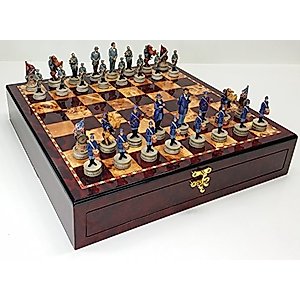 US American Civil War Generals Chess Set W/ 17" High Gloss Cherry & Burlwood Color Storage Board