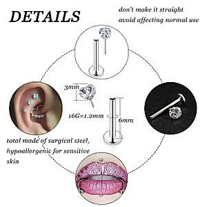 16G Threadless Push in Lip Rings Stainless Steel Labret Jewelry Monroe Lip Rings Nail Cartilage Tragus Helix Earrings Studs Nose Ring Medusa Piercing Jewelry For Women Men 3MM CZ Opal 6MM Length