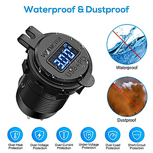 Linkstyle USB Charger Socket, 36W QC3.0 USB A & 65W USB C Socket with Dual Display Voltmeter Voltage for 12/24V Car Marine