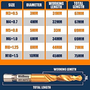 Combination Drill Tap Bit Set 6 PCS (M3 M4 M5 M6 M8 M10), Titanium High-Speed Steel Screw Tapping Hexagonal Handle Multifunctional Drill Bit Set, Manual Tool