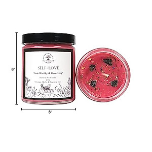 Self Love Affirmation Candle | 9 oz Natural Soy Wax | Pink Thulite Crystals, Herbs & Essential Oils | Acceptance, Self-Worth, & Forgiveness Rituals | Wiccan, Pagan, Spirituality