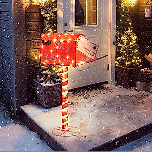 Christmas Yard Light Decorations, 34 Inch Lighted Santa’s Mailbox Yard Decor, Christmas Red Letter Box Yard Decorations, Light Up Tinsel Mailbox Christmas Decorations for Indoor Outdoor Yard