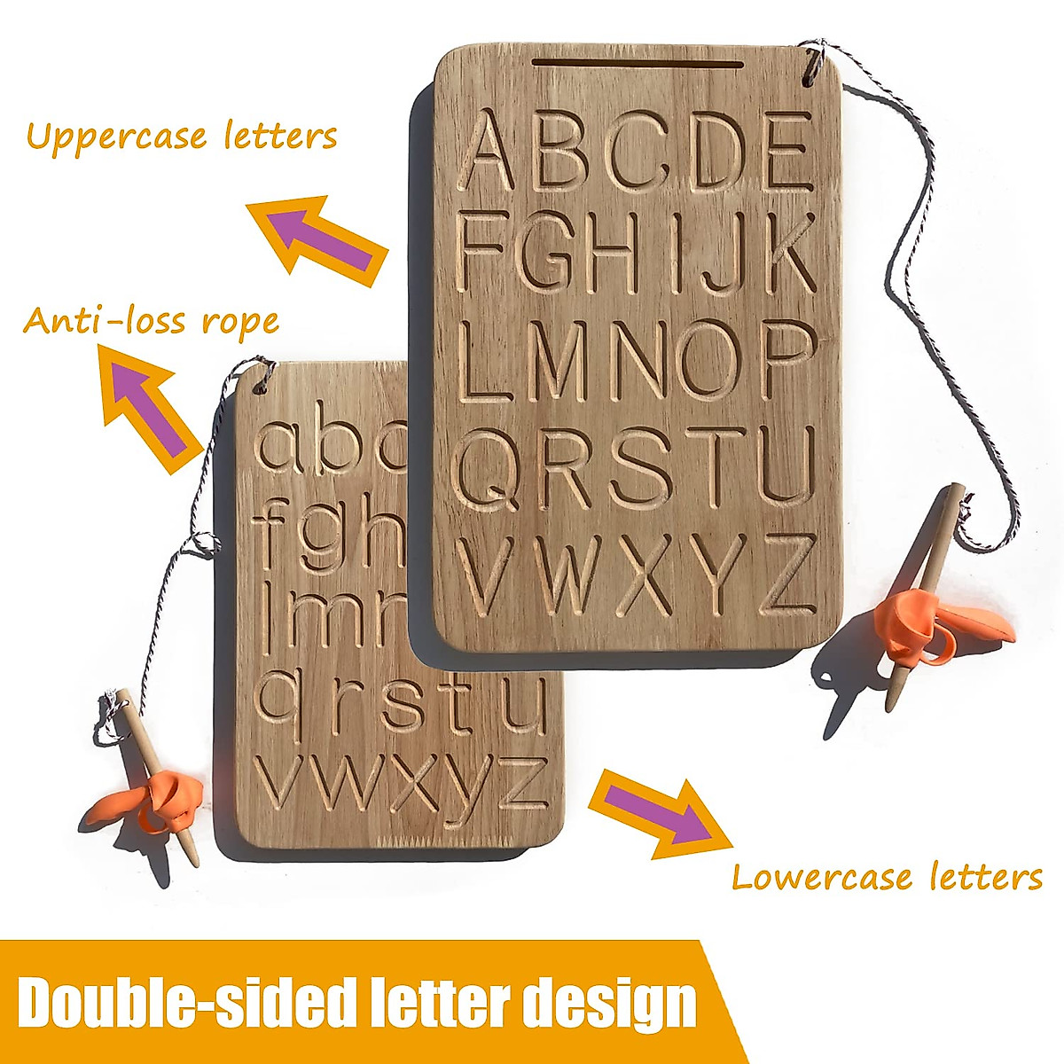 Montessori Alphabet Tracing Board, Oak Made Come with 26 Pcs Cards & Pen Grip Toddlers Double-Side Learning Toys ABC 3+ Kids Preschool Practice Materials Letters Writing Homeschool