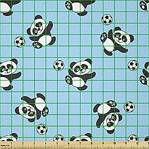 Ambesonne Soccer Fabric by The Yard, Panda Player Kicking a Ball Boys Design Fun Animal Pattern, Stretch Knit Fabric for Clothing Sewing and Arts Crafts, 1 Yard, Blue White