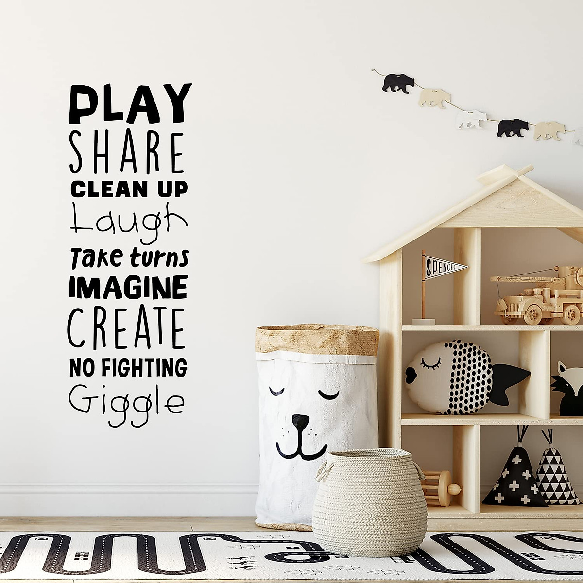 Vinyl Art Wall Decal - Play Share Clean Up Laugh Take Turns Imagine No Fighting Giggle - 45.5" x 16.5" - Cute Modern Decals for Kids Toddlers Home Bedroom Playroom Apartment Nursery Decor Stickers