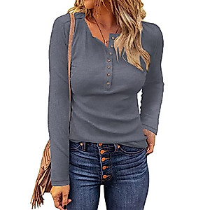 WNEEDU Women's Waffle Knit Tops Casual Long Sleeve Blouses Slim Fit Button Down V Neck Henley Shirt(Dark Gray,L)