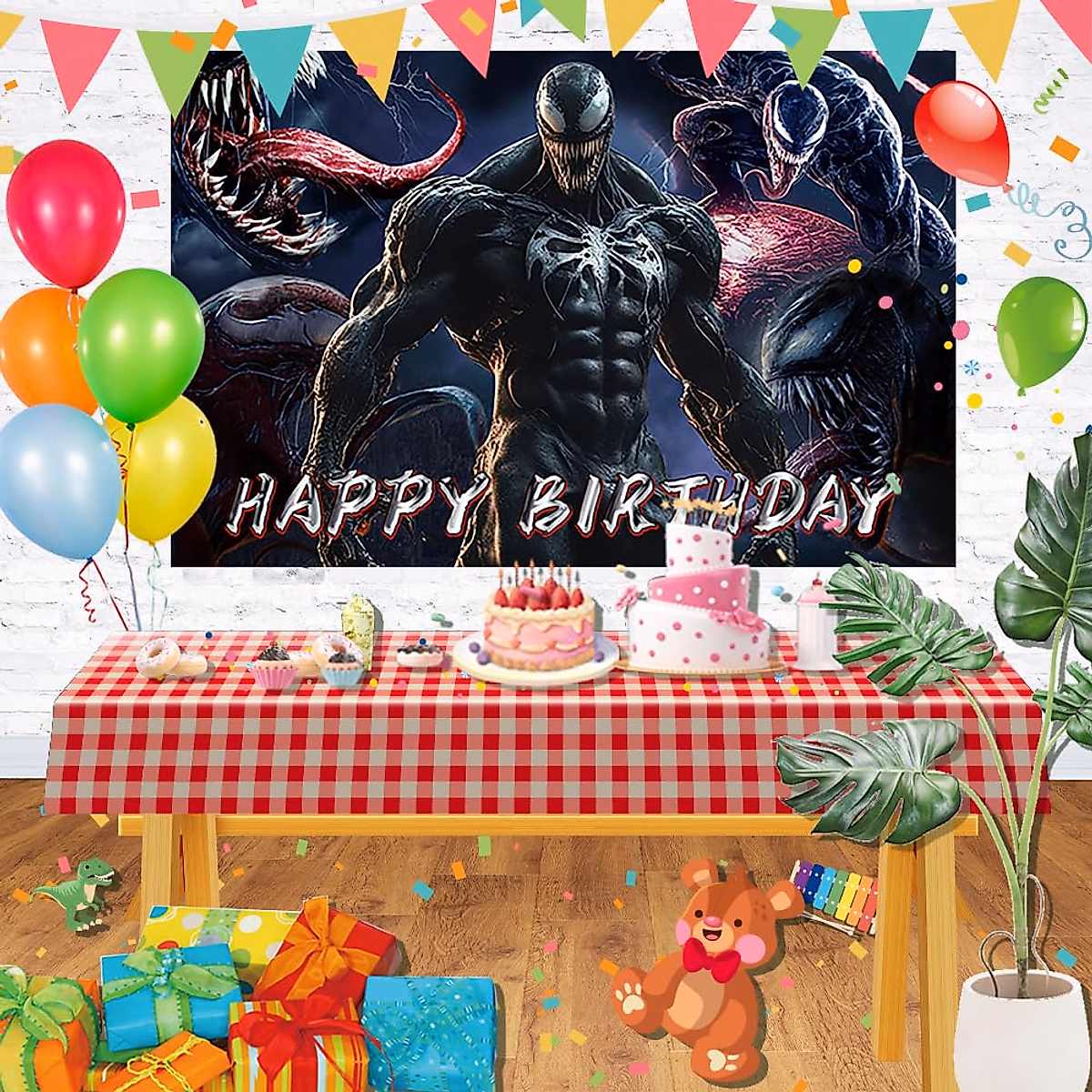 Super Hero Backdrop for Happy Birthday Party Decorations Venom Background for Baby Shower Party Cake Table Decorations Supplies Superhero Theme Banner 5x3ft