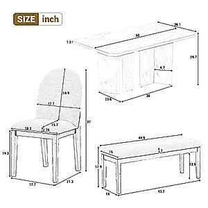 WOZNLA Room 6-Piece Modern Style Set-Faux Marble Table with 4 Upholstered Dining Chairs & 1 Bench-Contemporary White Design for Family Kitchen