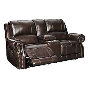 Signature Design by Ashley Buncrana Traditional Dual Sided Power Reclining Loveseat with Nailhead Trim, Center Storage Console and USB Port, Brown