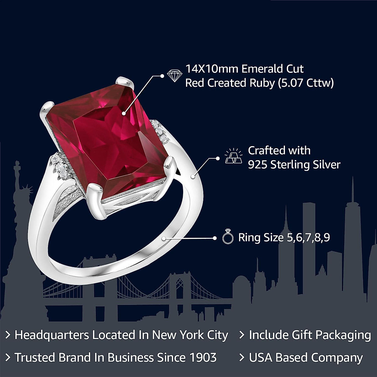 Gem Stone King 925 Sterling Silver Red Created Ruby Ring For Women (5.07 Cttw, Emerald Cut 14X10MM, Available in size 5, 6, 7, 8, 9)