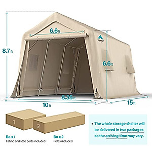 ADVANCE OUTDOOR 10X15 ft Garage Shelter Steel Metal Peak Roof Anti-Snow Portable Storage Shed Carports for Motorcycle Boat or Garden Tools with 2 Roll up Doors & Vents, Beige