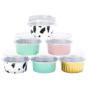 AOSYCO Dessert Cups, 100pcs 4 Colors Mixed Cupcake Containers, 5oz 125ml Disposable Aluminum Foil Pans Ramekins, Baking Cups, Muffin Liners with Lids
